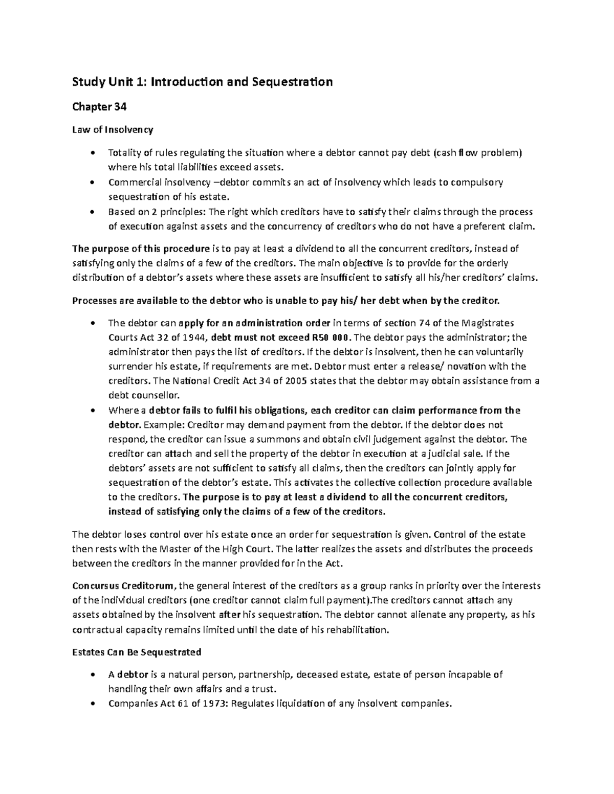 BER220 Week 9 Notes: Law of Insolvency and Sequestration Overview - Studocu