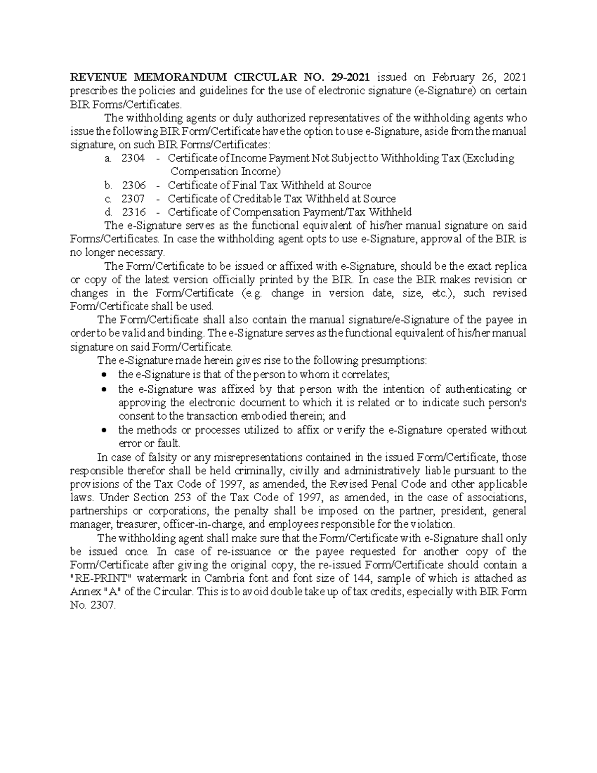 Guidelines on e-Signature for BIR Forms: RMC No. 29-2021 - Studocu