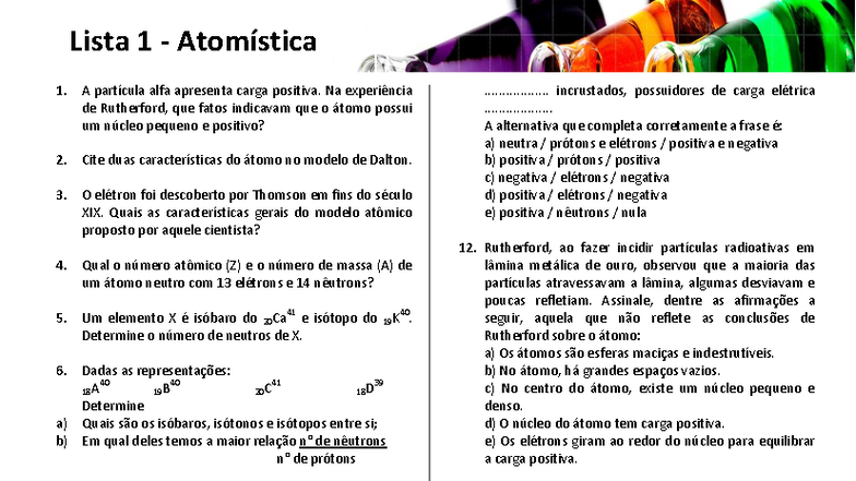 Lista 1 - Atomística: Questões sobre Modelos Atômicos e Estrutura do ...