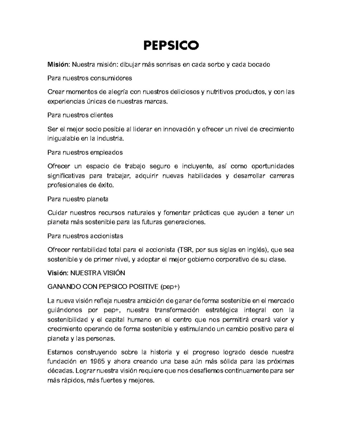 Pepsico - Estrategia y Misión de Sostenibilidad Empresarial - Studocu
