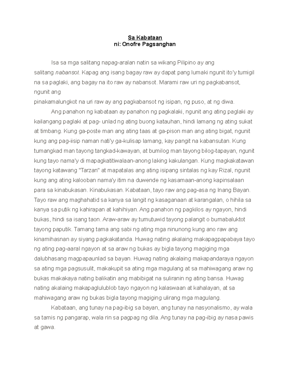 Sa Kabataan - talumpati - Sa Kabataan ni: Onofre Pagsanghan Isa sa mga ...