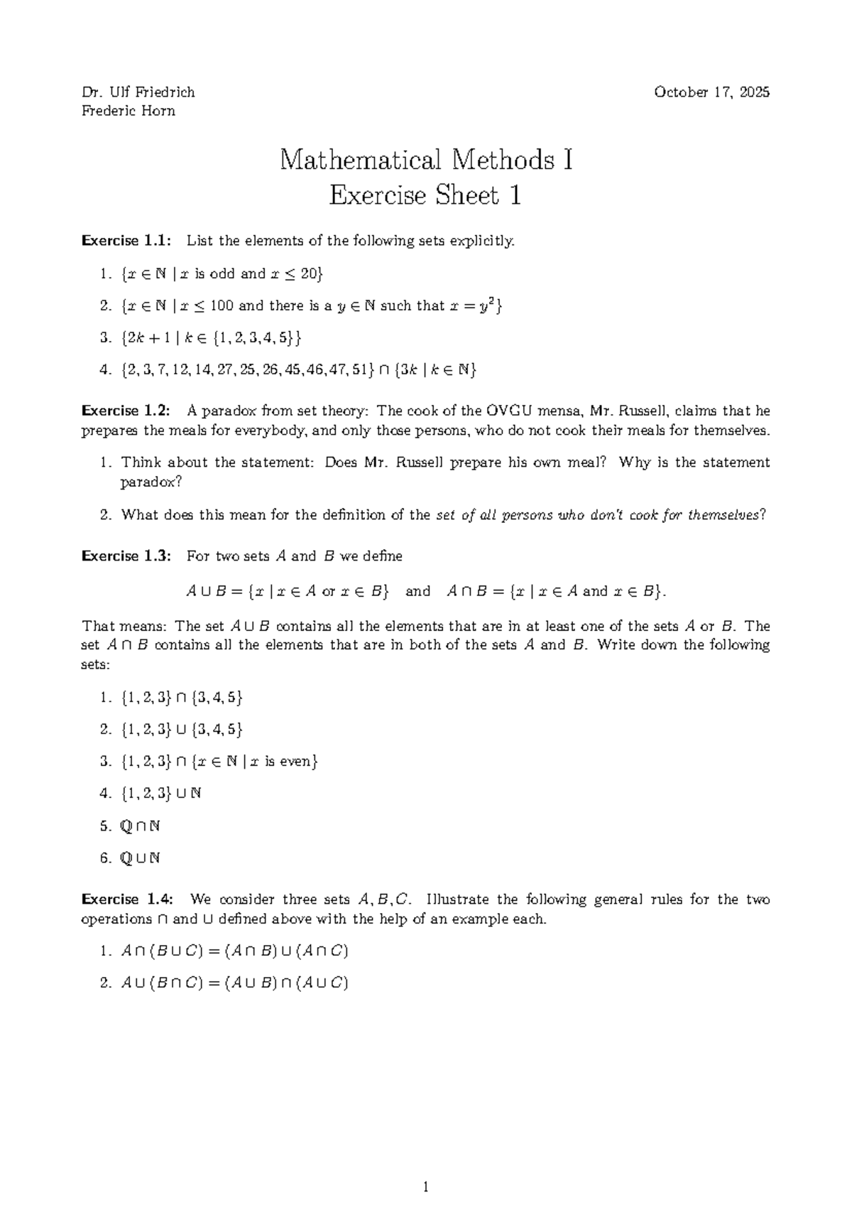 Mathematical Methods I - Exercise Sheet 1: Set Theory Concepts - Studocu