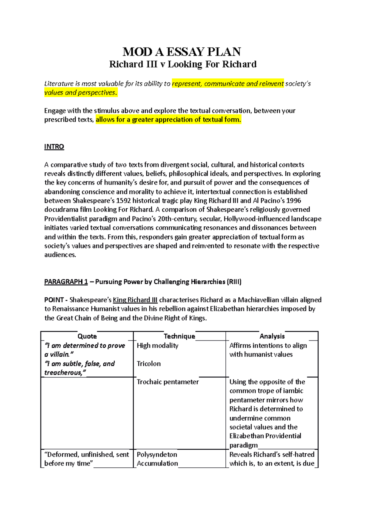 Textual Conversations Essay Plan - MOD A ESSAY PLAN Richard III v ...