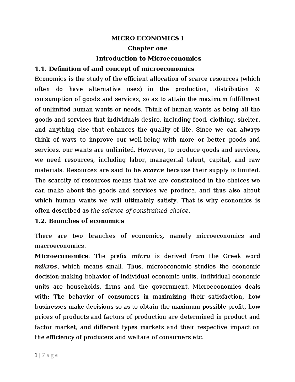 MICRO ECONOMICS I Chapter 1: Introduction to Microeconomics - Studocu