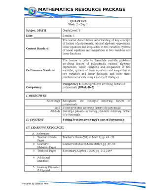 DLL-8 (WEEK 1, DAY 1) - A Detailed Lesson Plan for Grade 8 - Basic ...