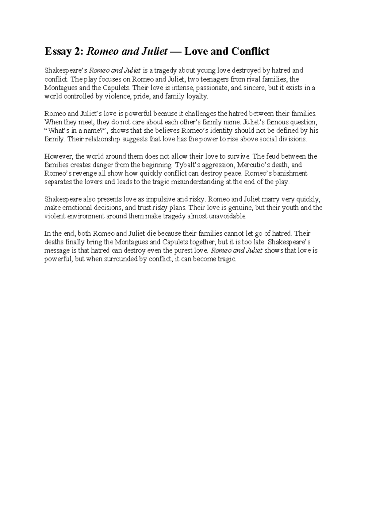 Essay 2: Romeo and Juliet - Love vs. Conflict Analysis - Studocu