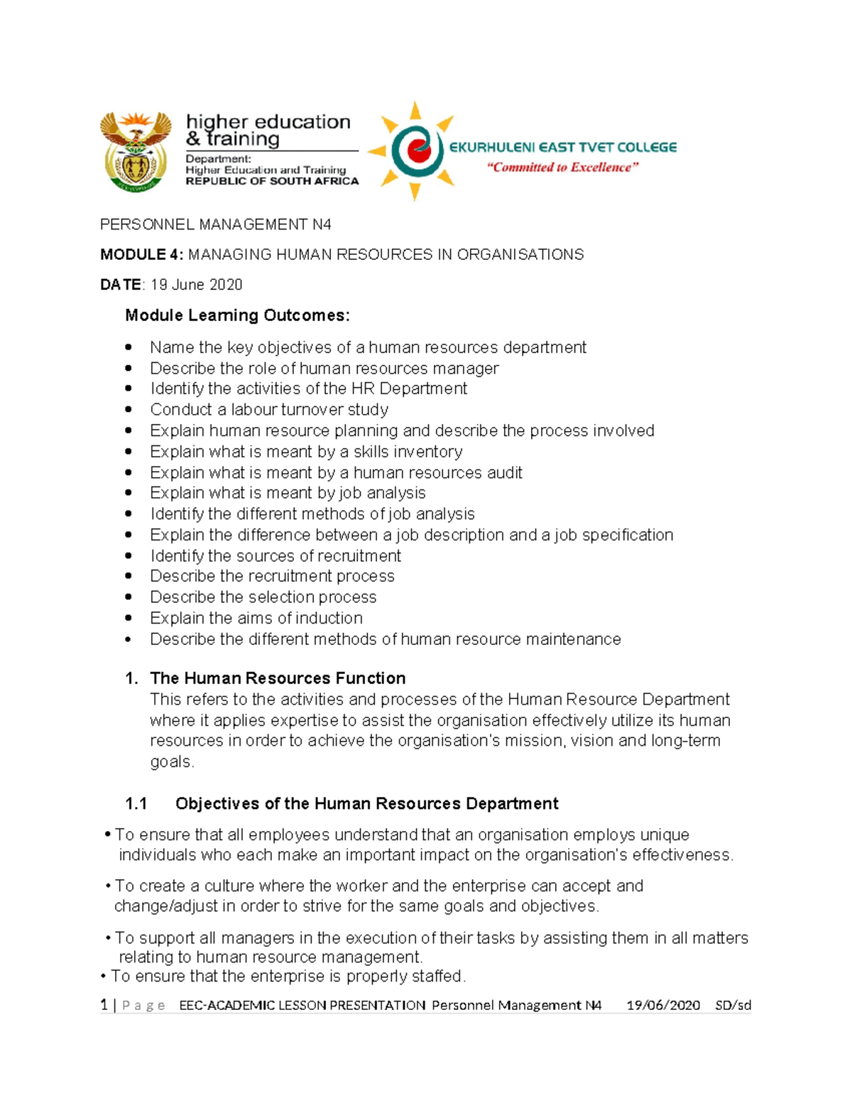 Personnel Management N4 Lesson Presentation: Managing HR Effectively ...