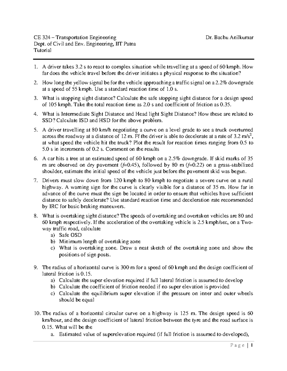 CE 324 Transportation Engineering - Tutorial Questions and Solutions - Studocu