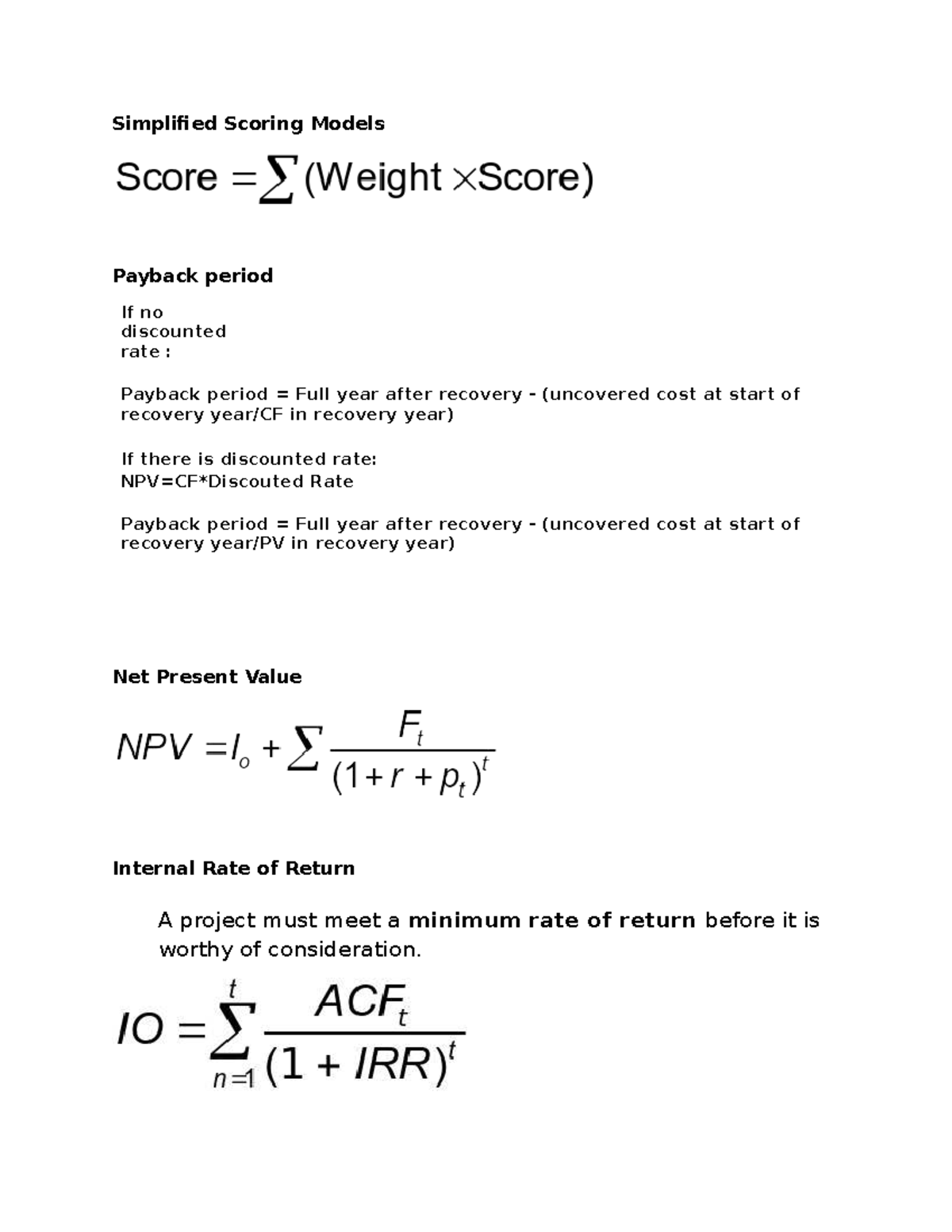 PM Formula: Simplified Scoring Models for Payback Period Analysis - Studocu