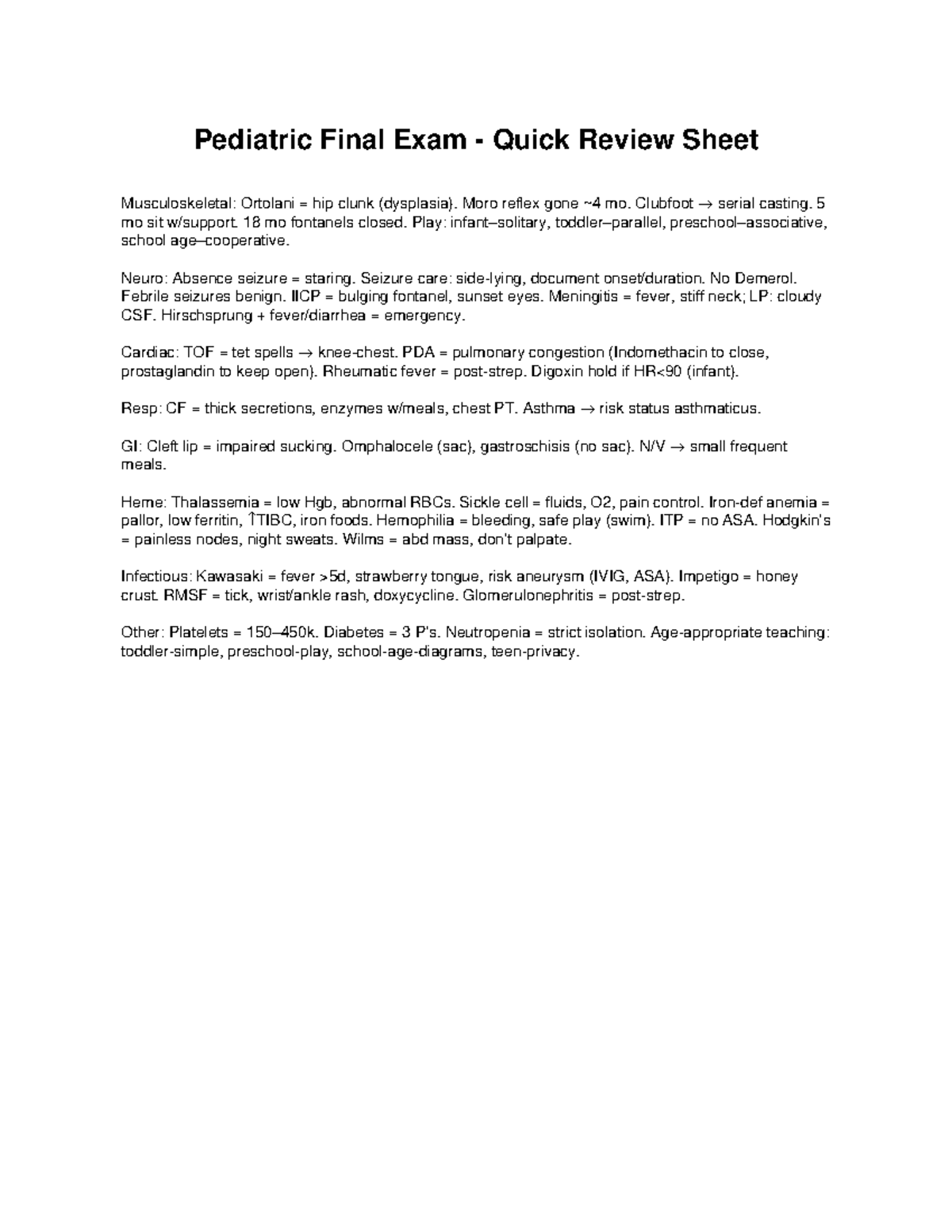 Pediatric Final Exam Quick Review: Key Concepts & Conditions - Studocu