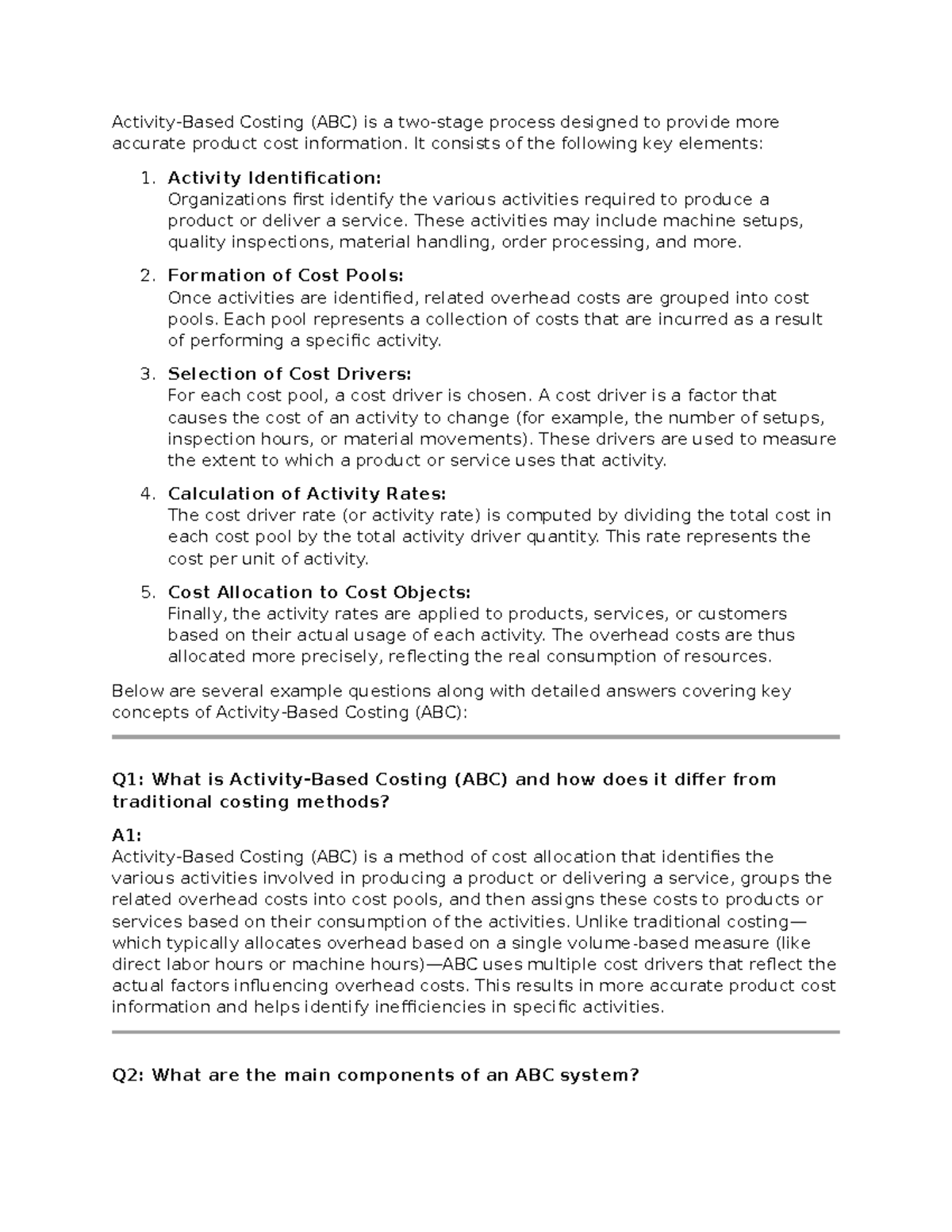 Guide questions abc - abc costing - Activity-Based Costing (ABC) is a ...