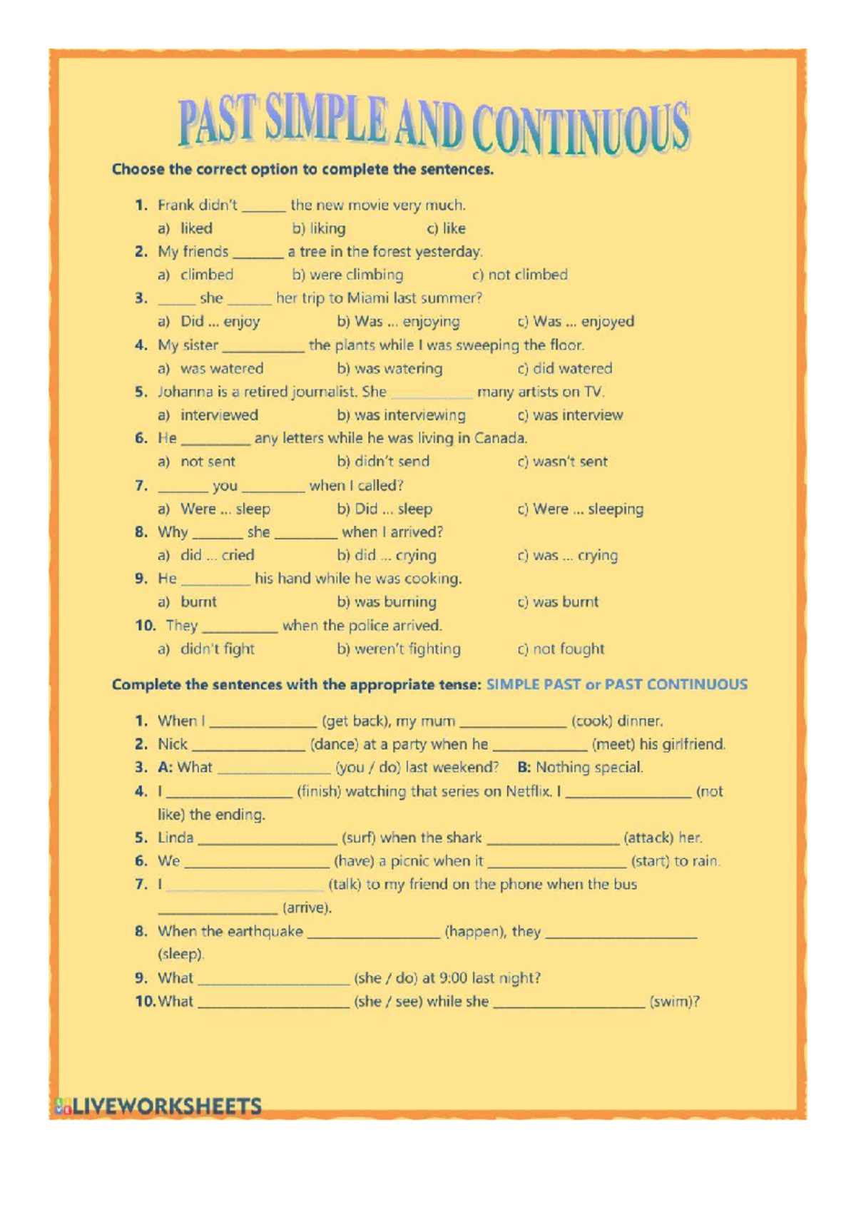 Past Simple & Continuous Practice Exercises for ESL Learners - Studocu