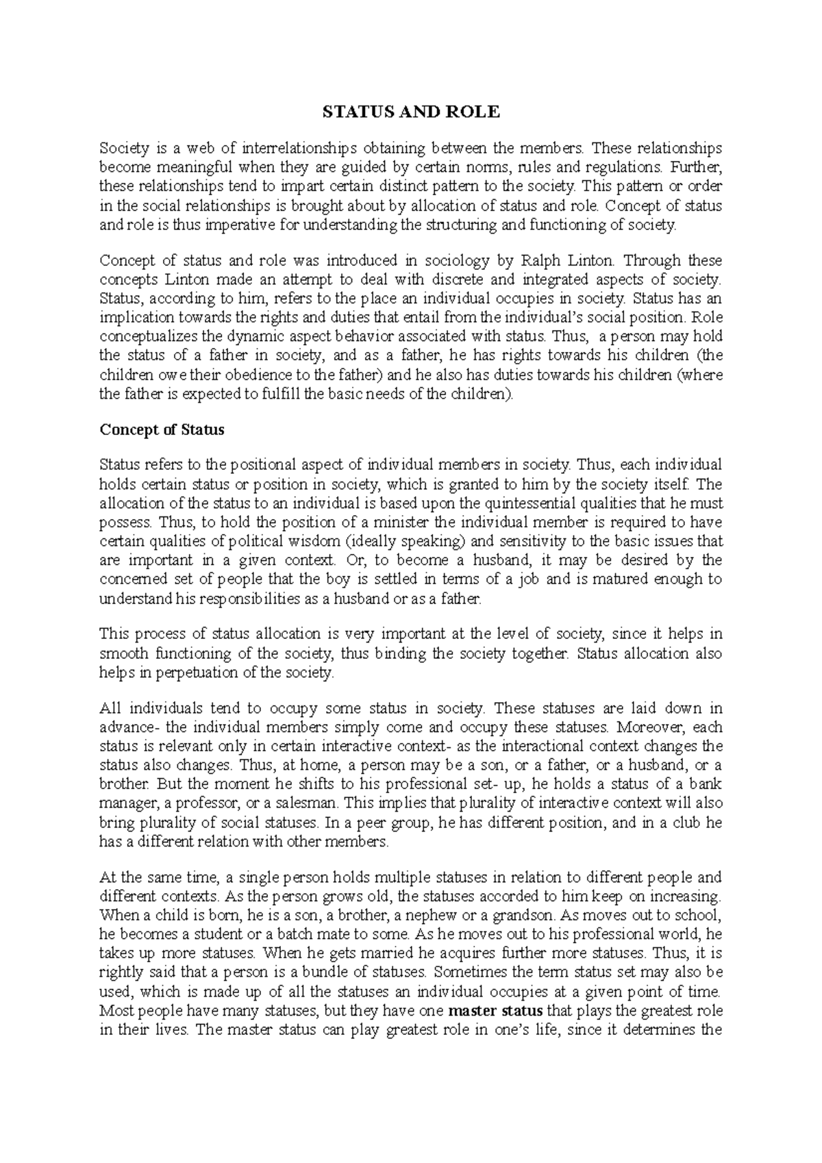 Understanding Status and Role in Society: A Sociological Analysis - Studocu