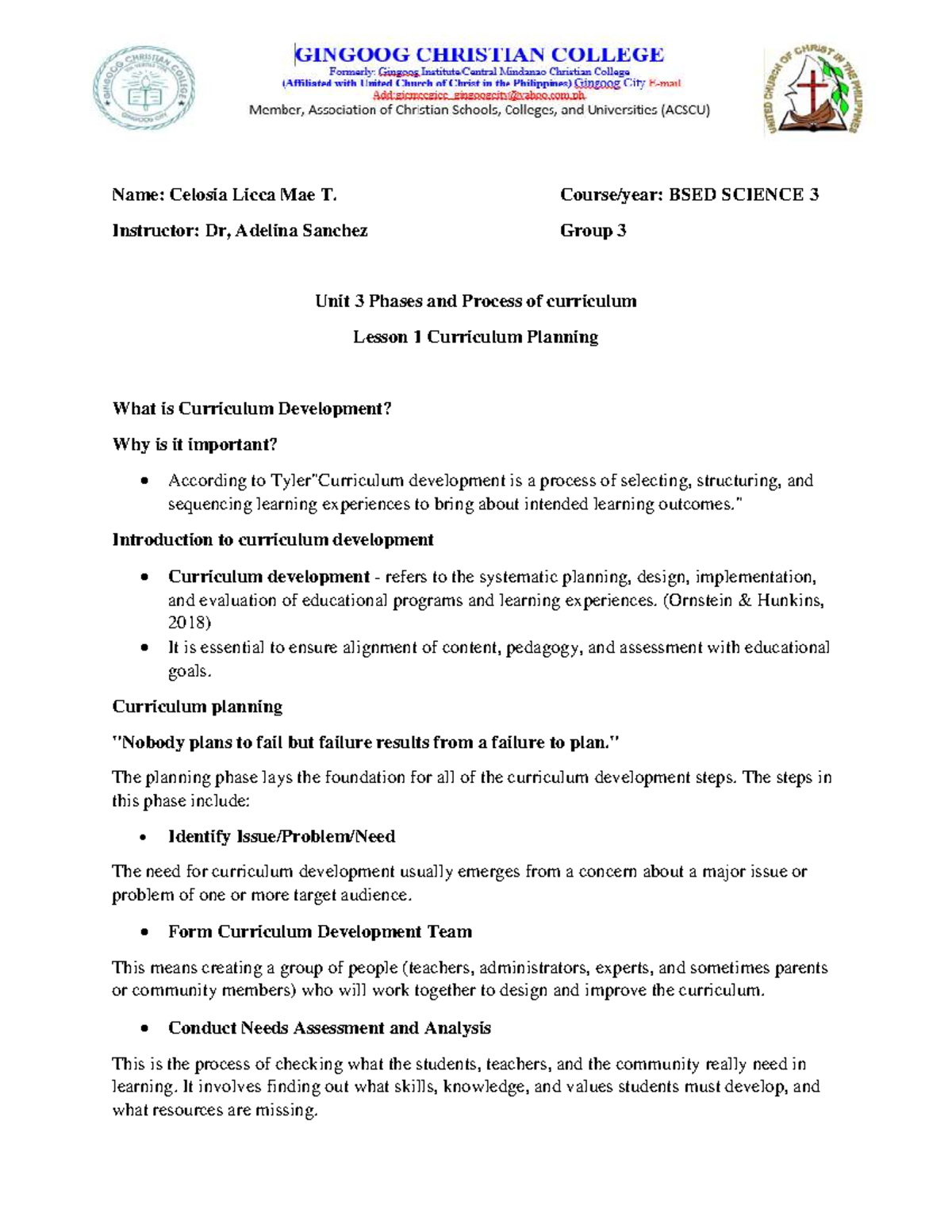 BSED SCIENCE 3: Outline on Curriculum Planning and Development - Studocu