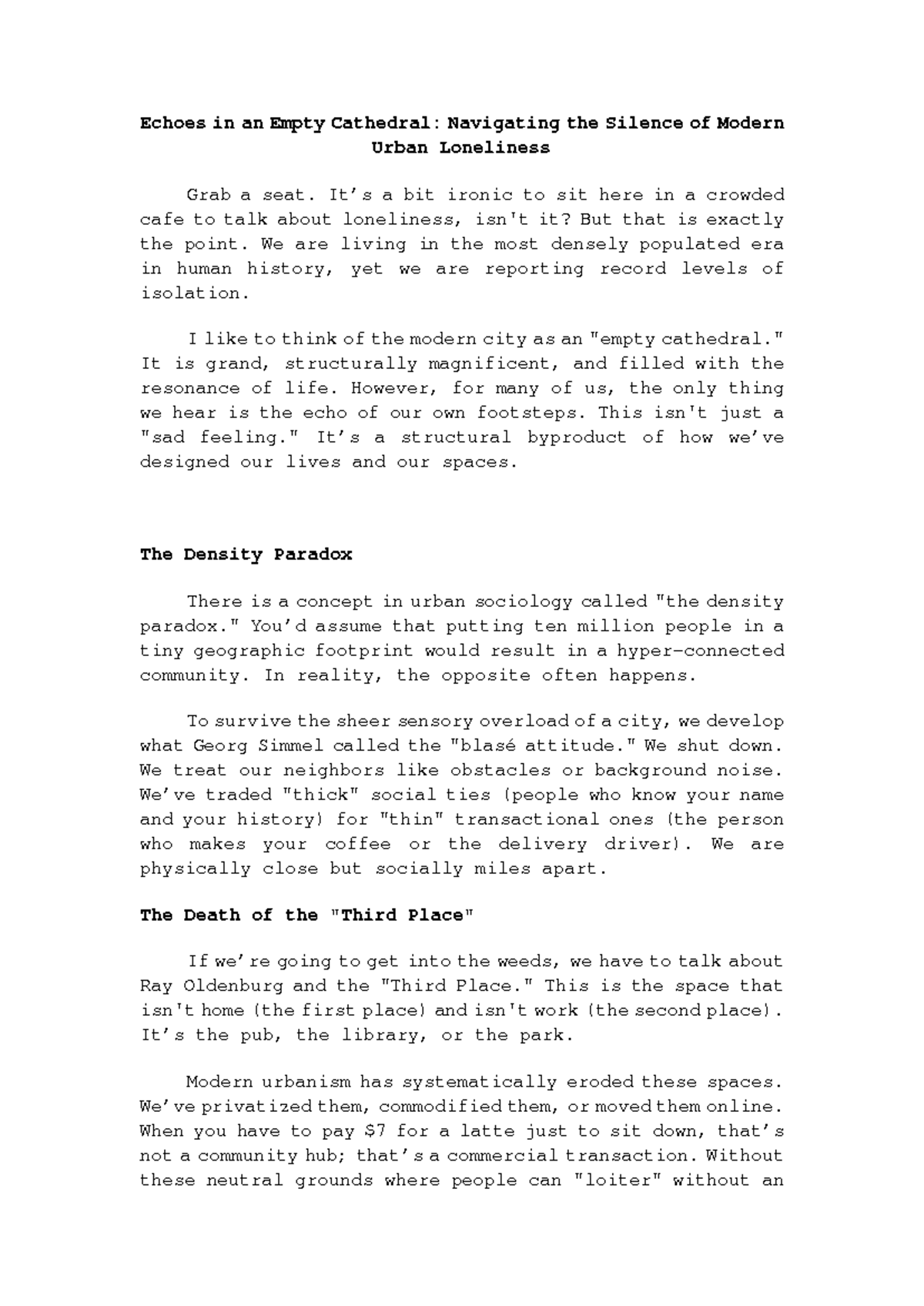 Echoes in an Empty Cathedral: Urban Loneliness Explored - Studocu