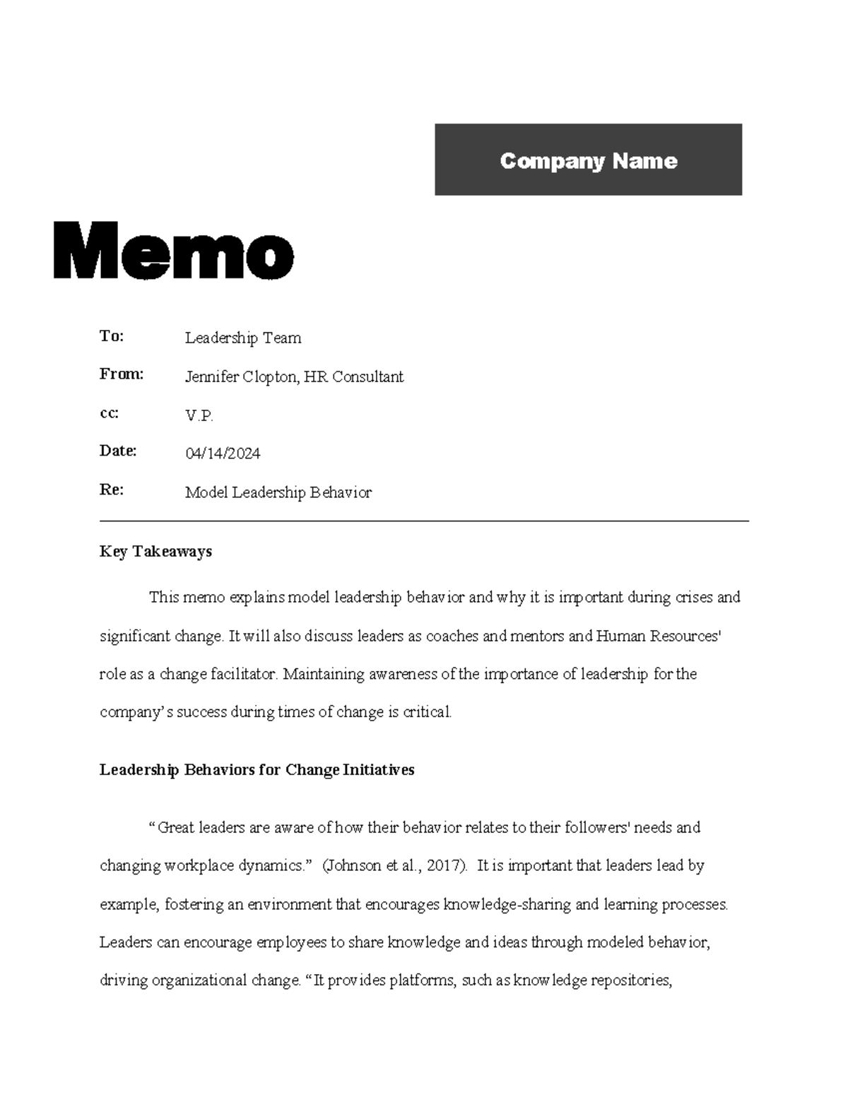 Model Leadership Behavior in Change Management - MBA687 Memo Insights ...
