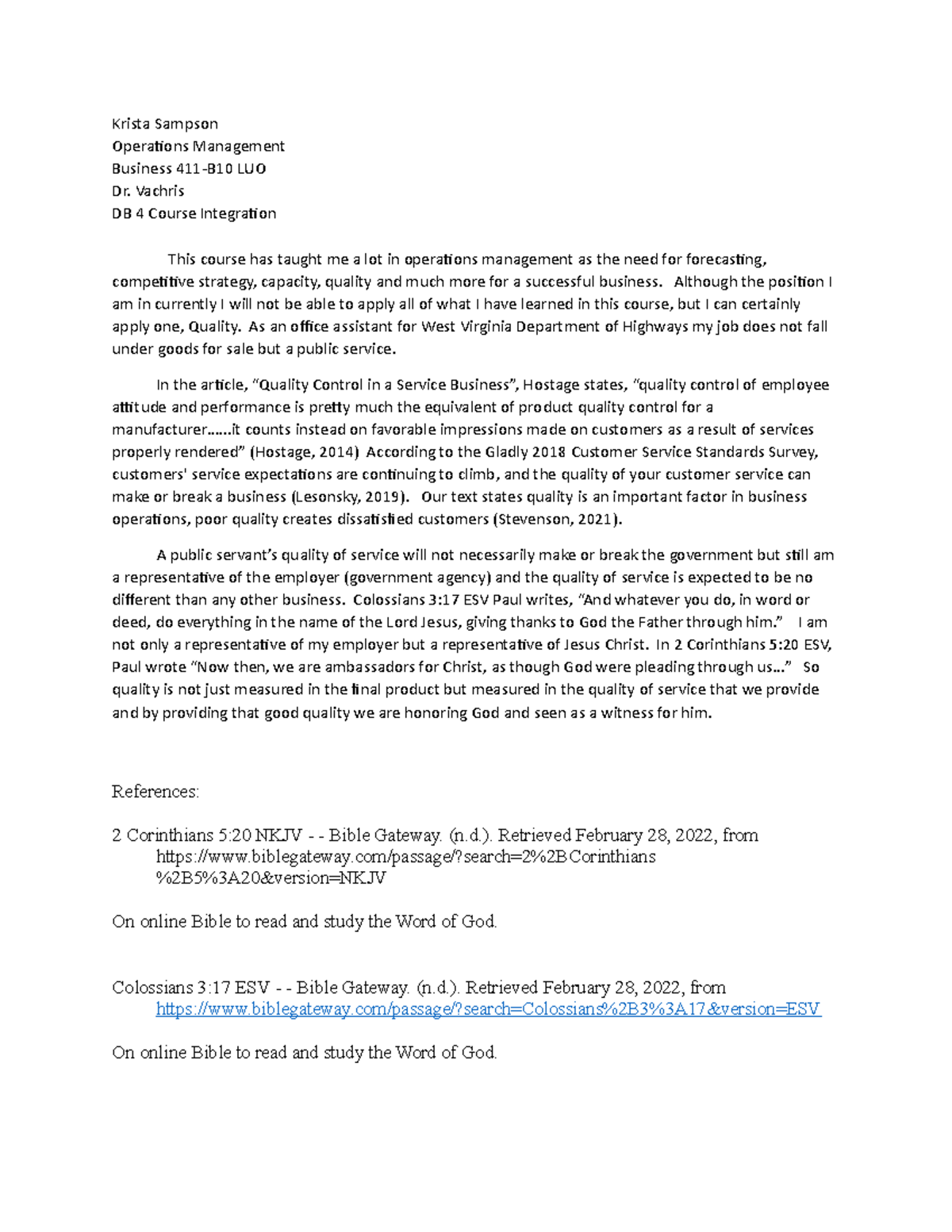 Operations Management Discussion Board 4 - Krista Sampson Operations ...