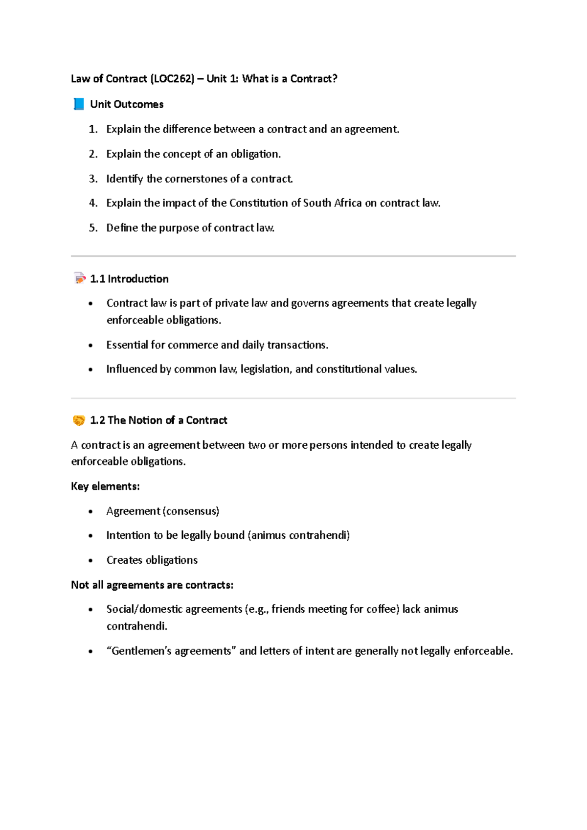 Notes Unit 1: Understanding Contracts in LOC262 - Mind Map - Studocu