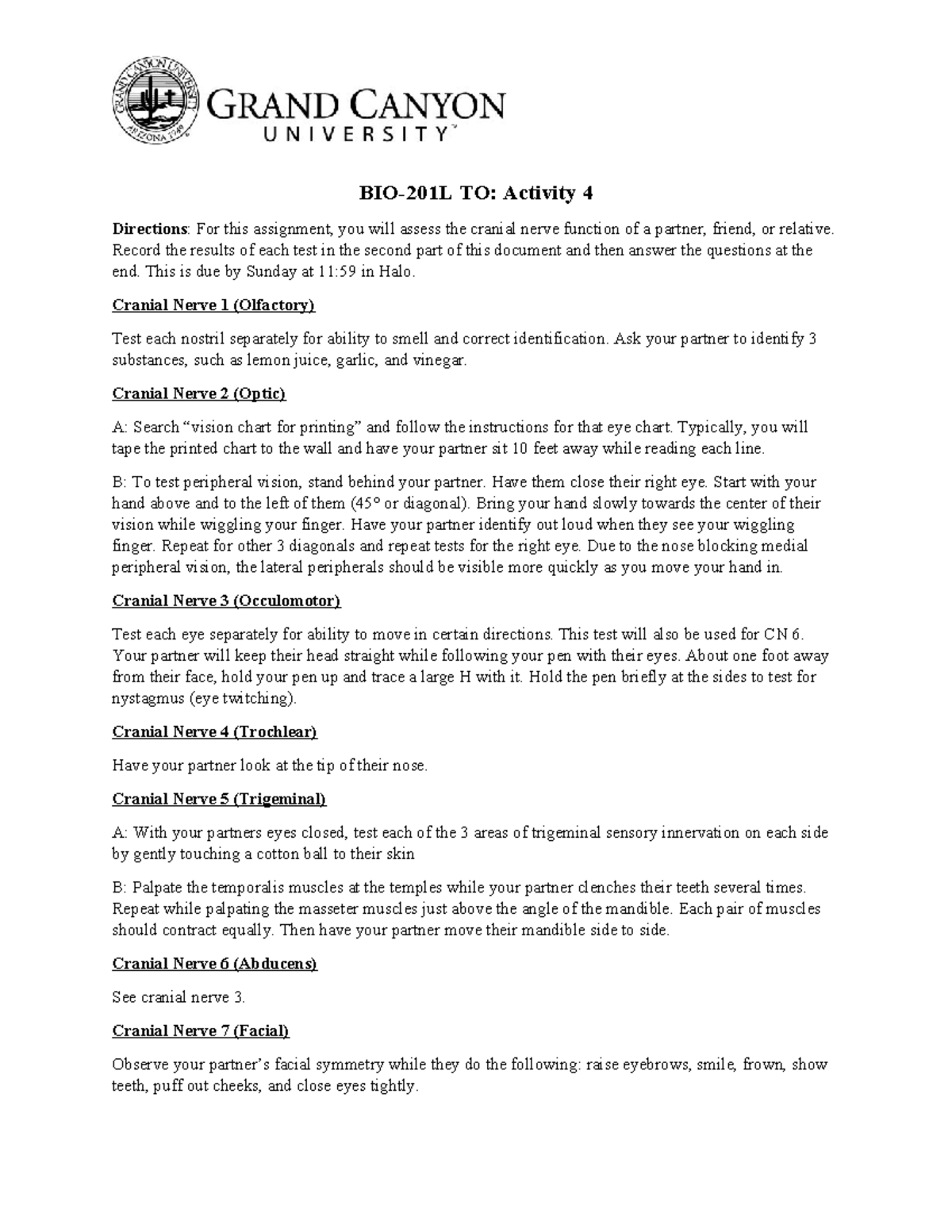 BIO-201L-TO: Cranial Nerve Assessment Activity 4 Guide - Studocu