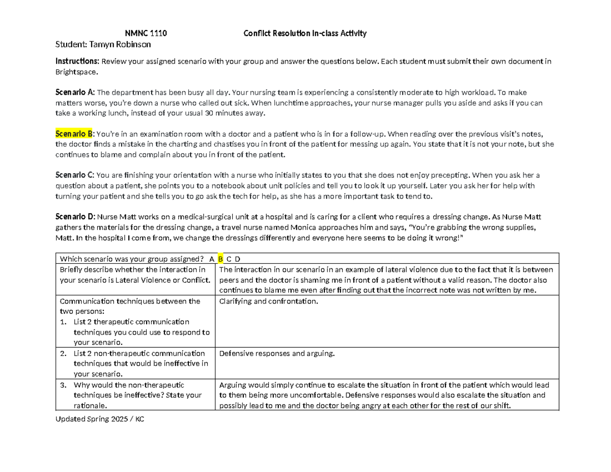 NMNC 1110: Conflict Resolution Activity Instructions and Scenarios ...