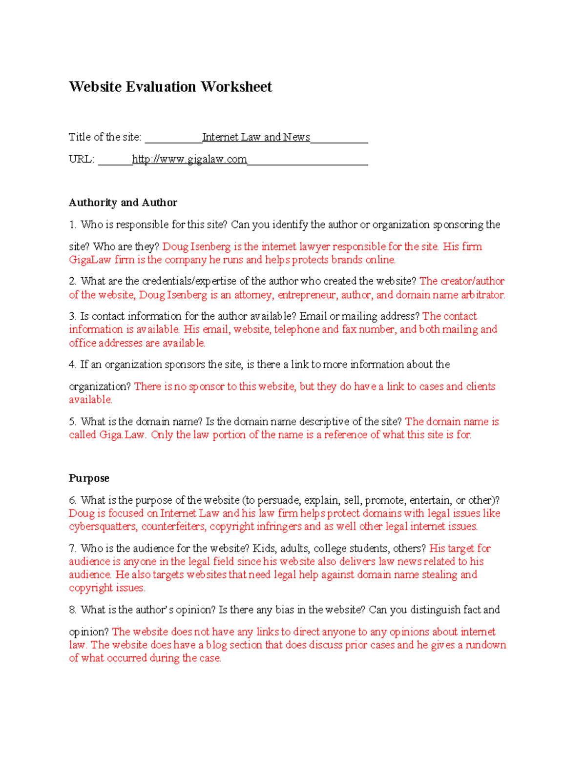 Website Evaluation Worksheet: Analyzing GigaLaw.com - Studocu
