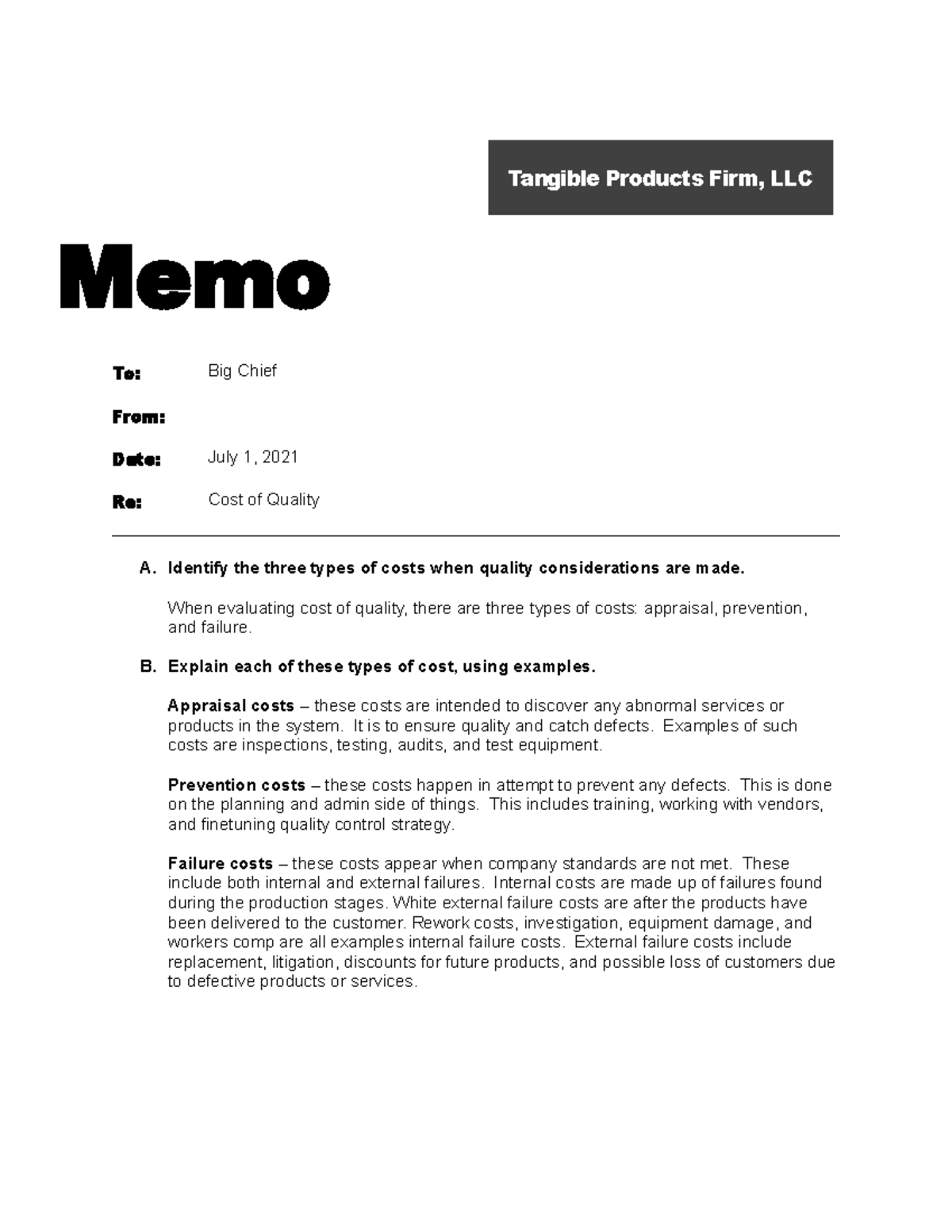 WGU - QHT1 - Task 1 - Passed - 2021 - Tangible Products Firm, LLC Memo ...