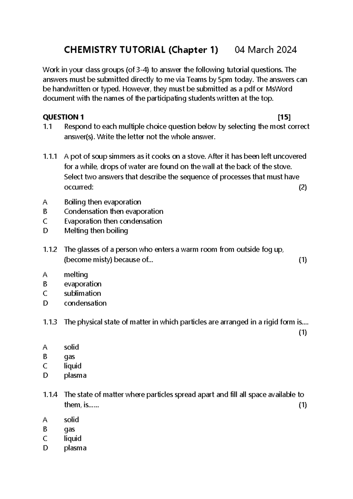Chemistry Tutorial 1 - CHEMISTRY TUTORIAL (Chapter 1) 04 March 2024 ...