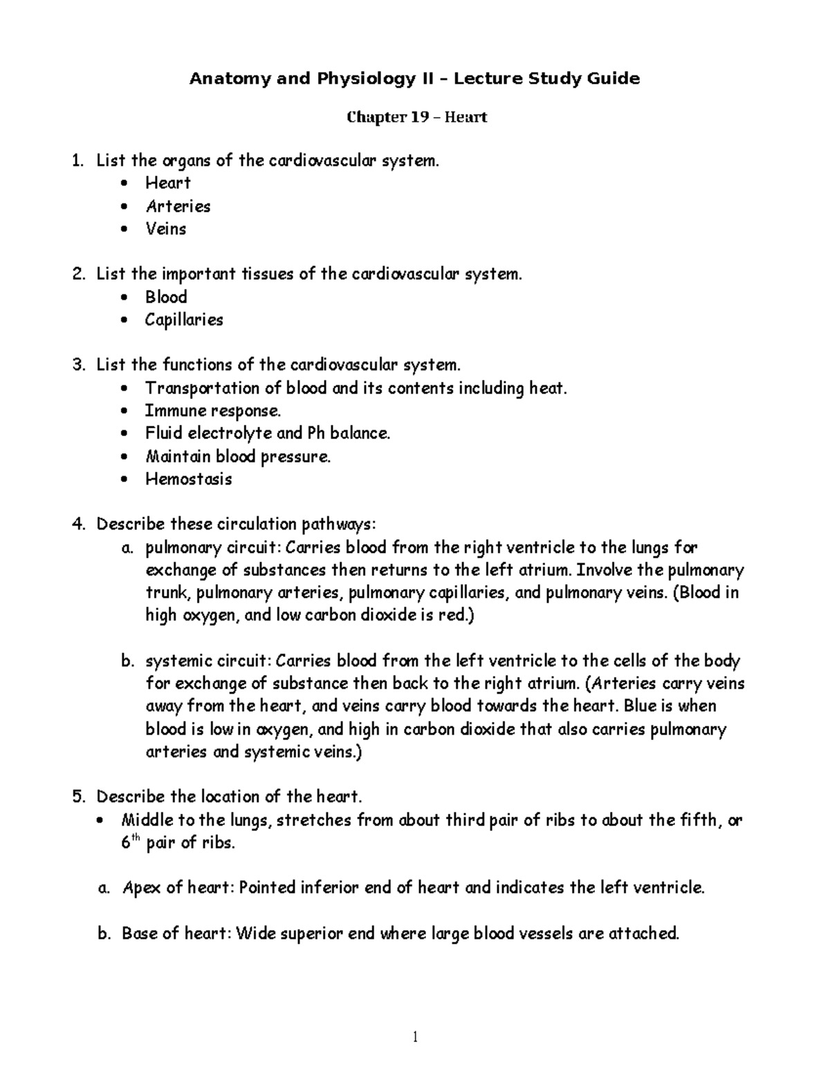Anatomy and Physiology II Lecture Study Guide: Chapter 19 - The Heart ...