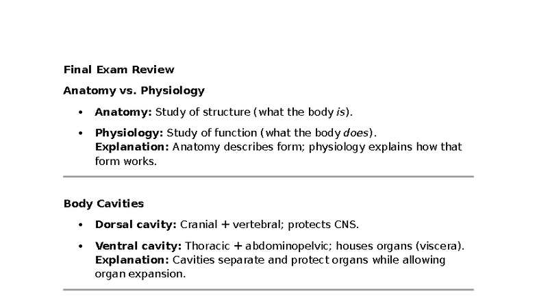 Final Exam Review: Anatomy vs. Physiology Overview (BIO 101) - Studocu