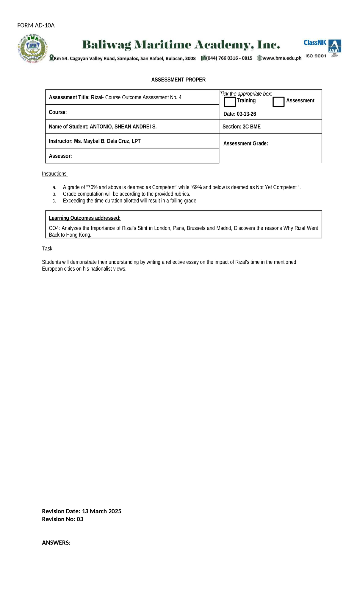 AUTO 2 Course Outcome Assessment 4: Reflective Essay on Rizal's Views ...