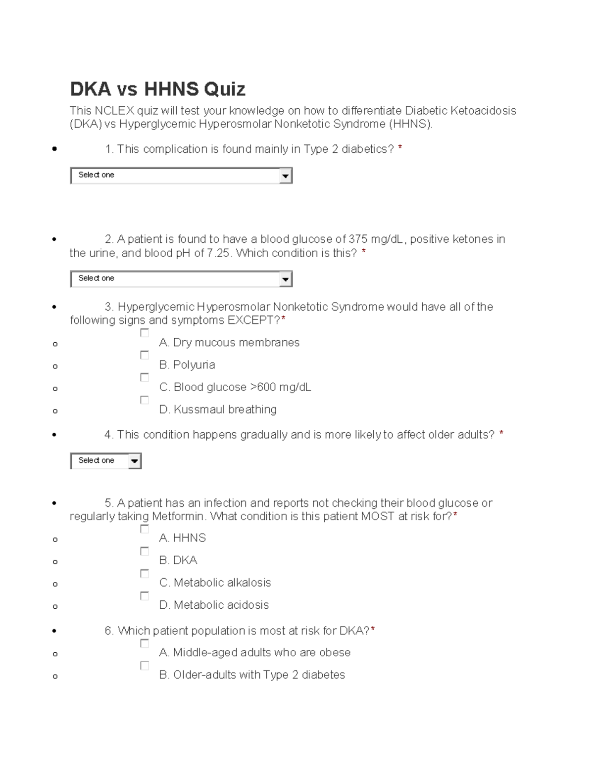 DKA vs HHNS NCLEX Quiz Key - Essential Knowledge for Nurses - Studocu