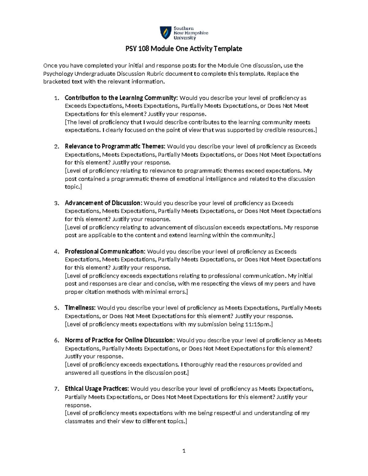 PSY 108 Module One Activity Reflection and Evaluation Template - Studocu