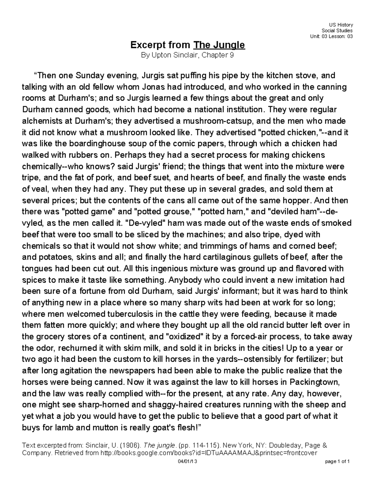 US History: The Jungle Excerpt - Social Studies Unit 03 Lesson 03 - Studocu