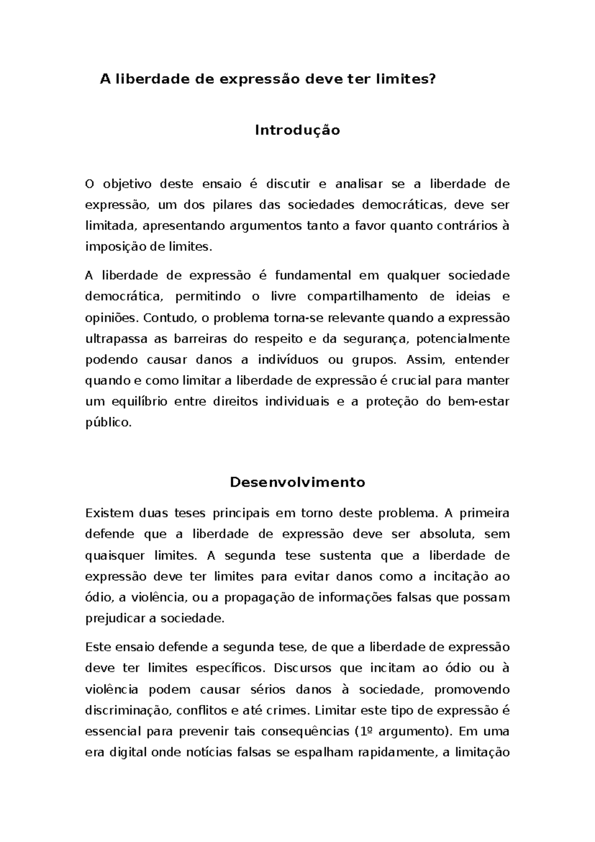 Limites Necessários à Liberdade de Expressão: Uma Análise Crítica - Studocu