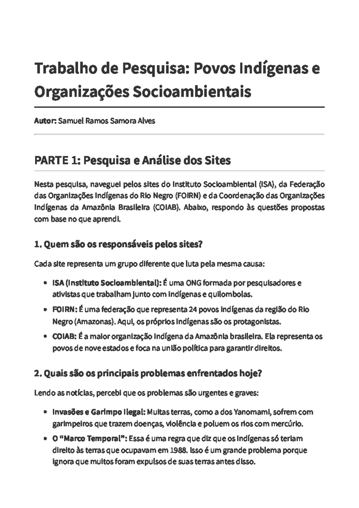 Trabalho Final: Povos Indígenas e Organizações Socioambientais - Studocu