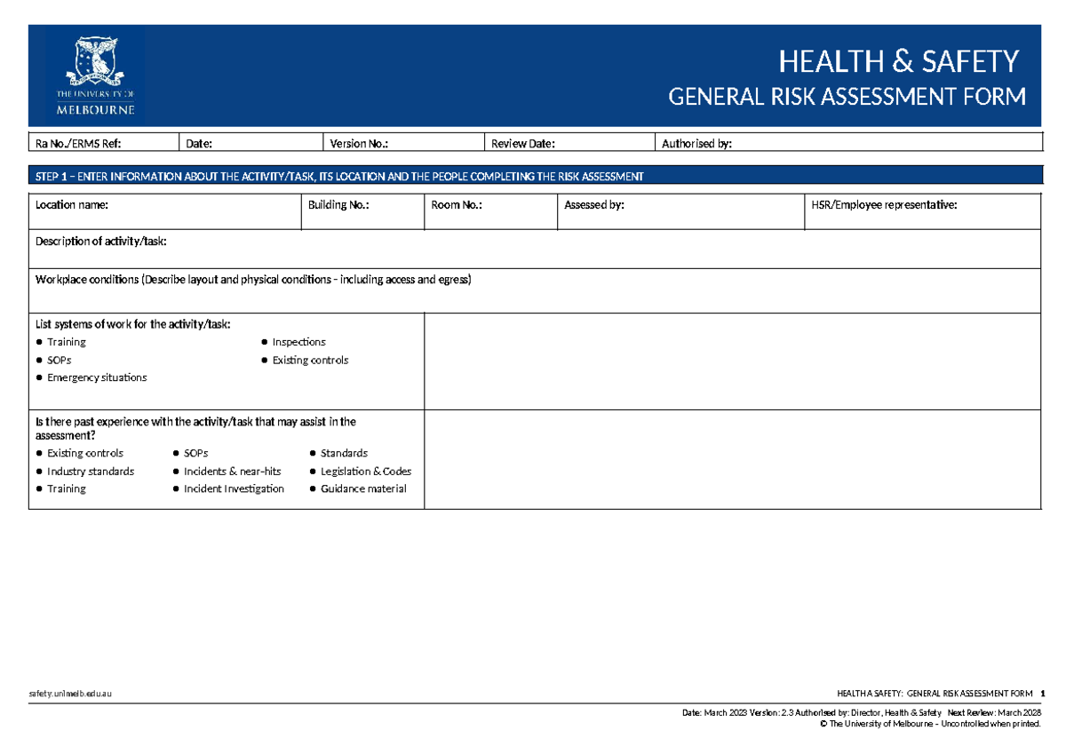 HEALTH & SAFETY: GENERAL RISK ASSESSMENT FORM (Version 2.3) - Studocu