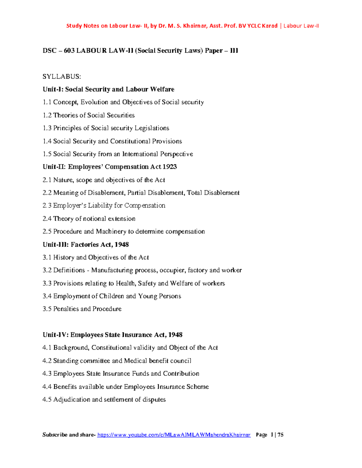 Labour Law II Study Notes: Social Security & Welfare (DSC 603) - Studocu