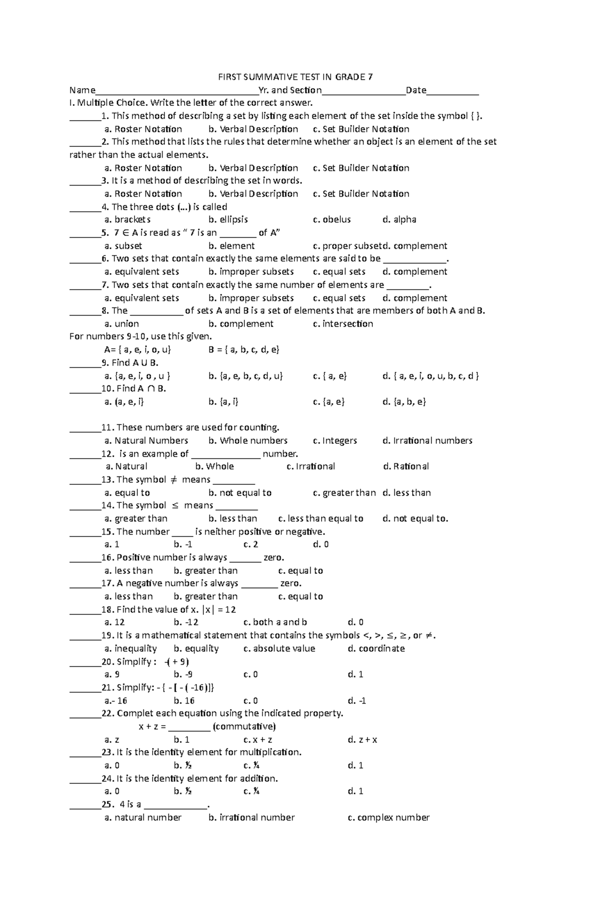 Math 7 Summative Test on Set Theory and Number Operations - Studocu