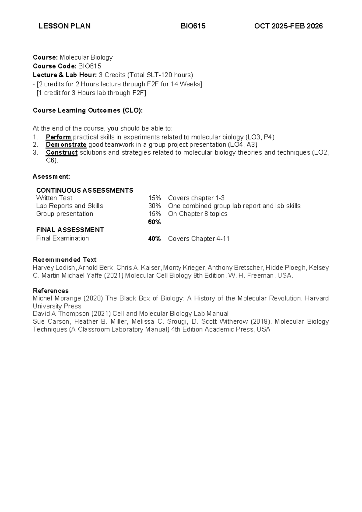 Lesson Plan for Molecular Biology (BIO615) - Oct 2026 - Studocu