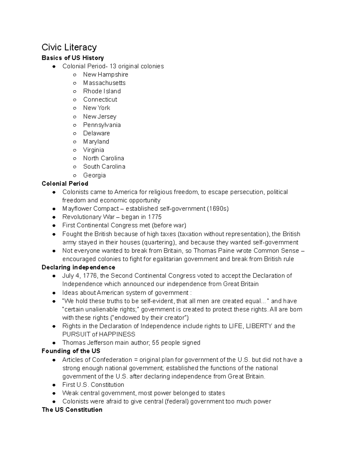 Civic Literacy Lecture Notes #1: US History and Constitution ...