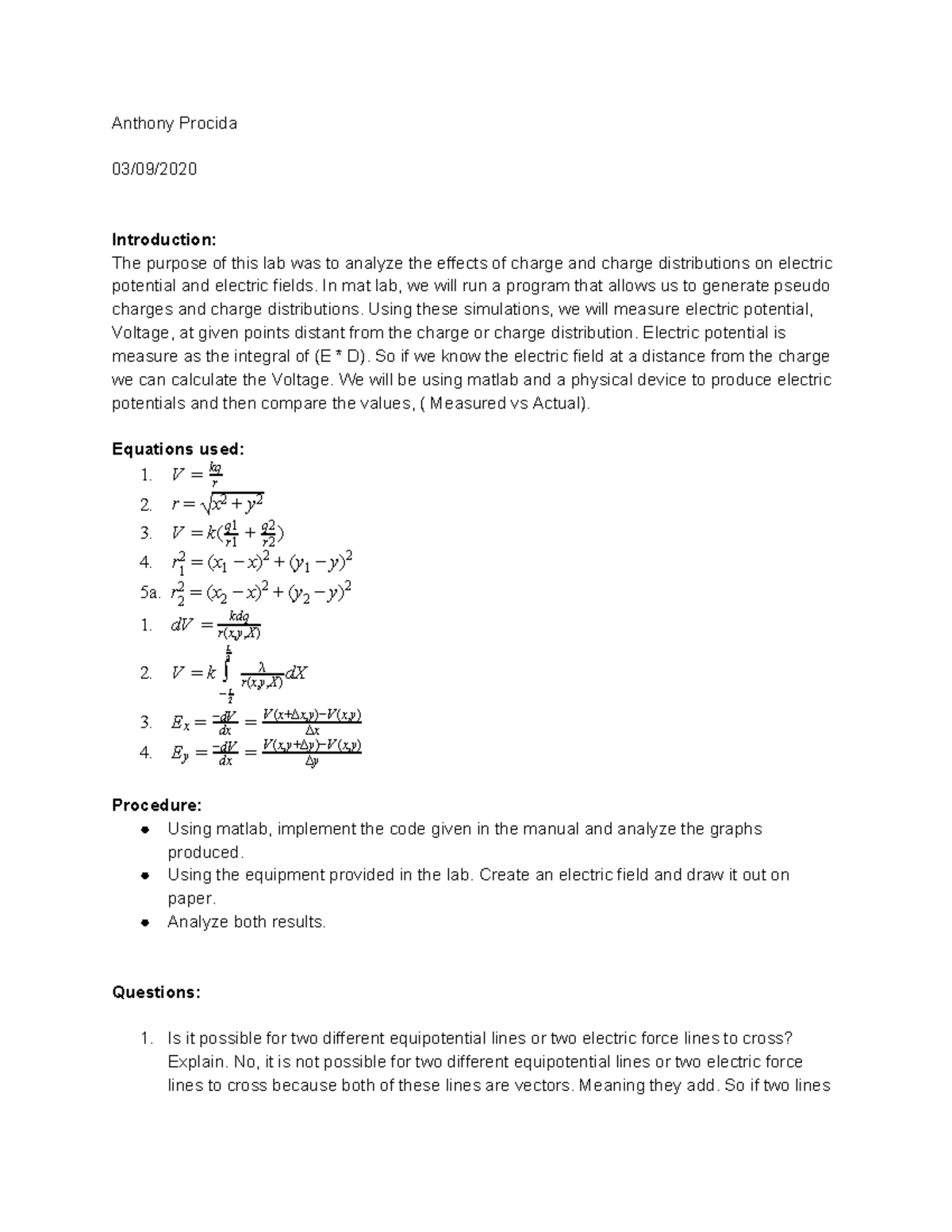 Lab Report: Analyzing Electric Potential & Fields with MATLAB (Lab 2) - Studocu