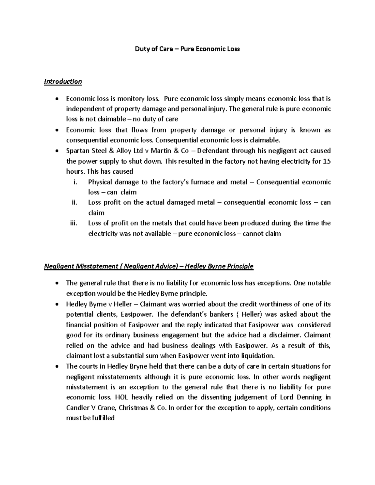 Tutorial 5A: Pure Economic Loss & Negligent Misstatement Overview - Studocu