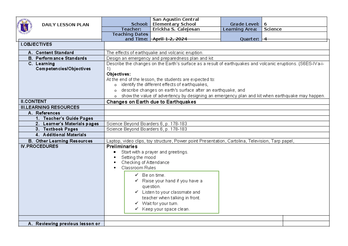 Daily Lesson Plan: Earthquake Effects & Preparedness (Grade 6) - Studocu