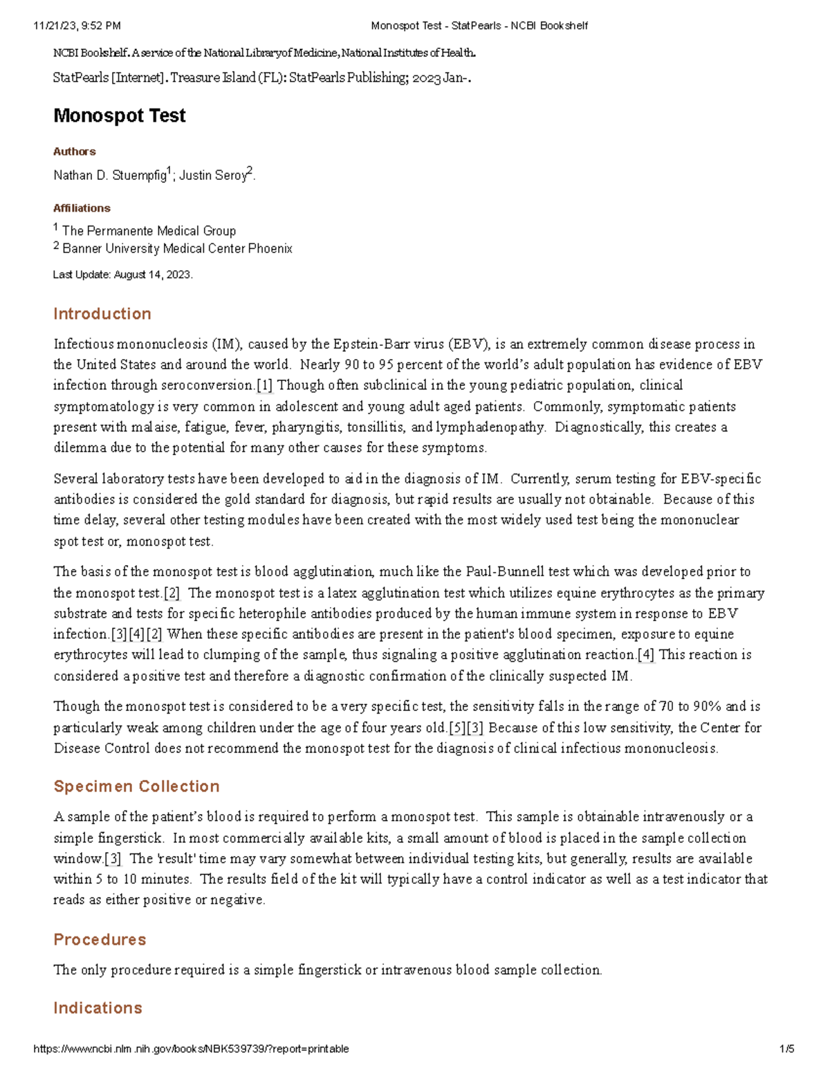 Monospot Test Overview - Stat Pearls - NCBI Bookshelf (2023) - Studocu
