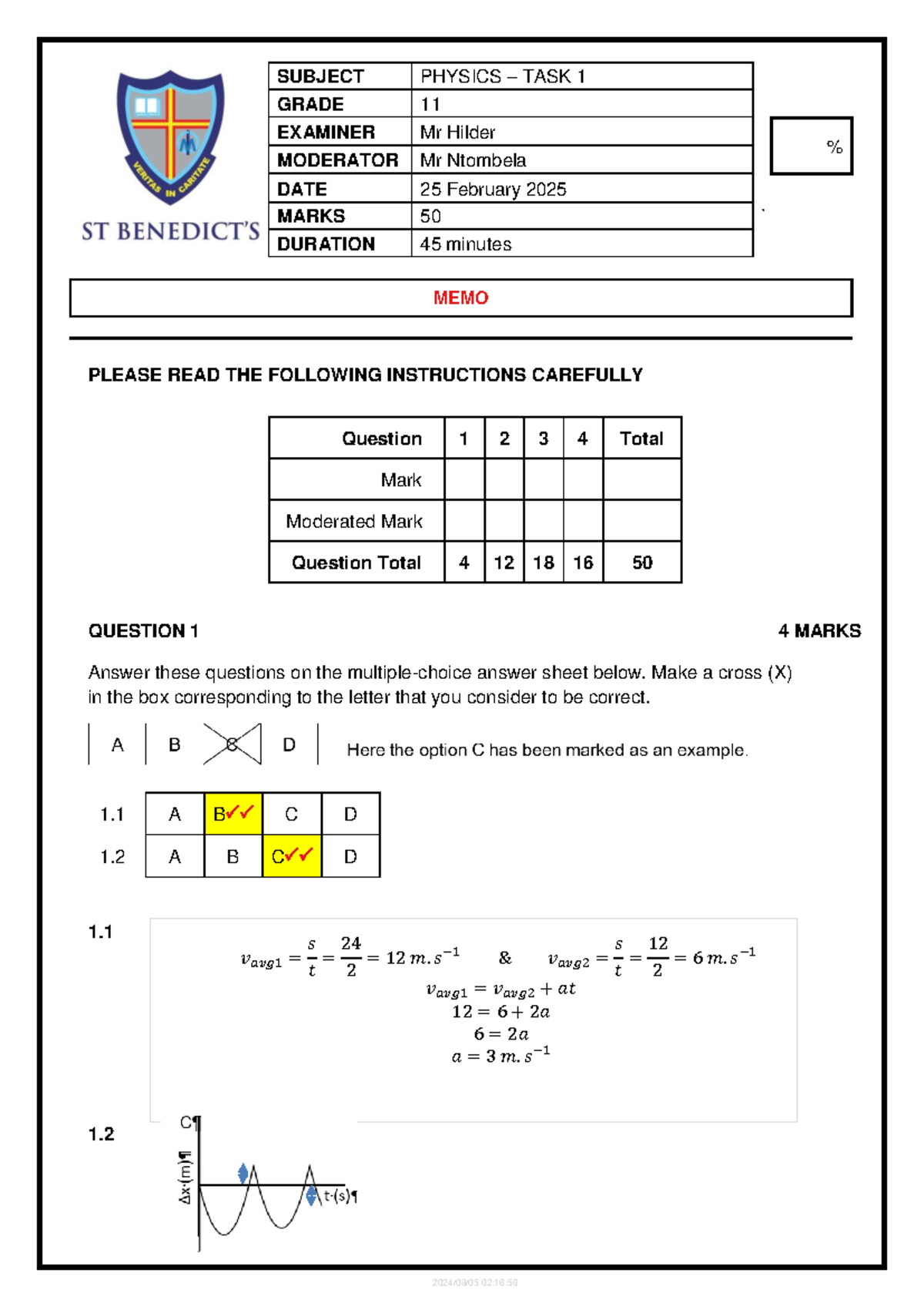 PS11 - Physics - Test 1 - Kinematics - Grade 11 - 2025 - Studocu