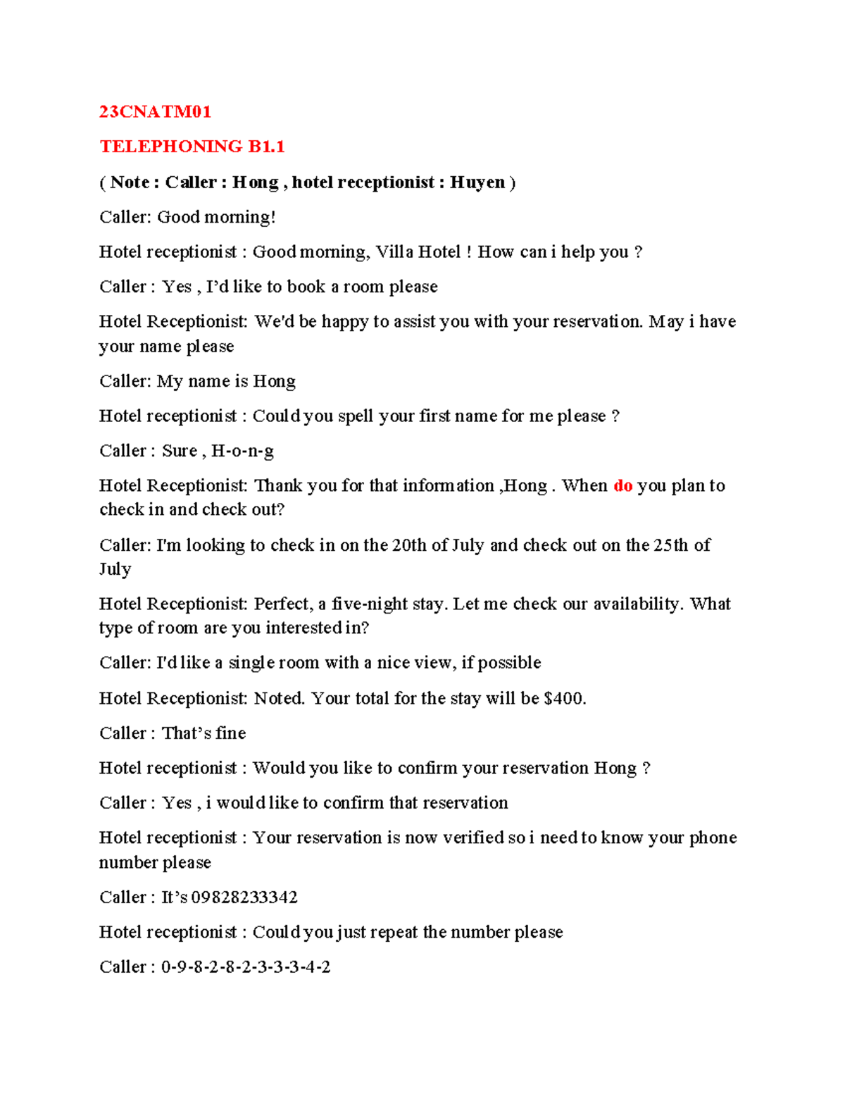 23CNATM01 Telephoning B1.1: Hotel Reservation Dialogue Example - Studocu