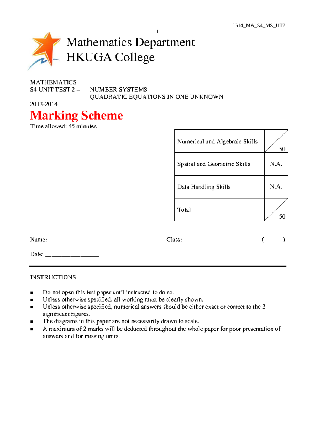 1314_MA_S4_MS_UT2 Mathematics S4 Unit Test 2: Number Systems ...
