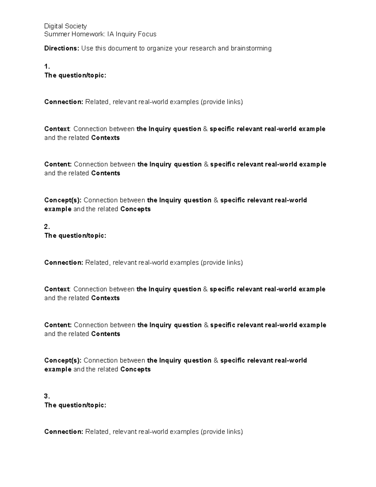 Digital Society IA Inquiry Focus Summer Homework Brainstorm Guide - Studocu