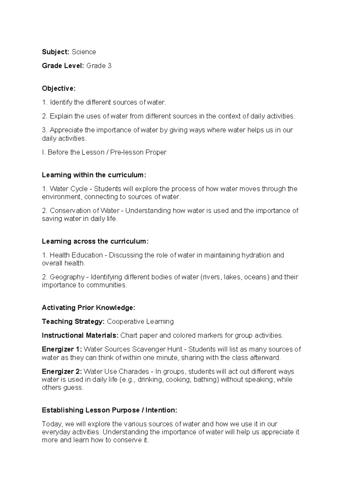 Lesson Plan: DLP Science 4 - Exploring Water Sources and Conservation ...