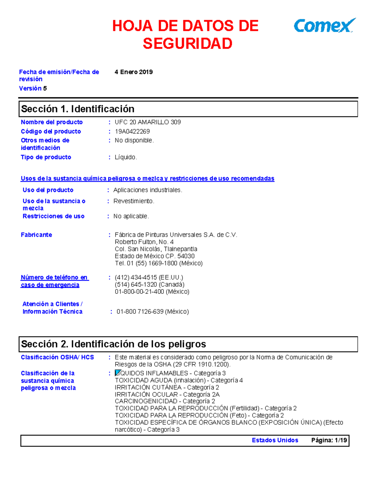 UFC-20(HS) - Hoja de Datos de Seguridad: Químico UFC 20 AMARILLO 309 ...